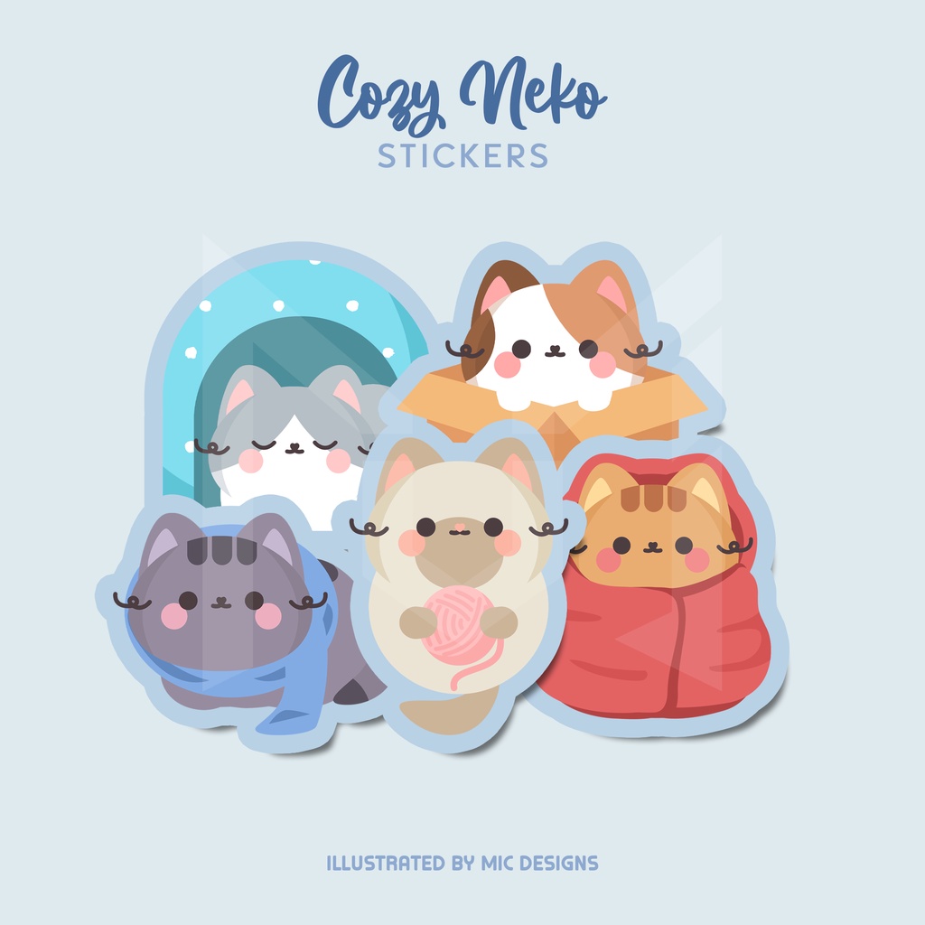 Cozy Neko Stickers | Kawaii Cat Sticker Pack (5pcs) | Waterproof ...