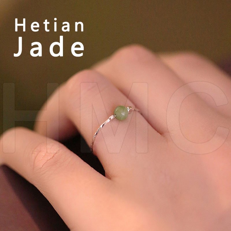 Ins Simple Emerald Natural Hetian Jade Good Luck Bead Ring For Women ...