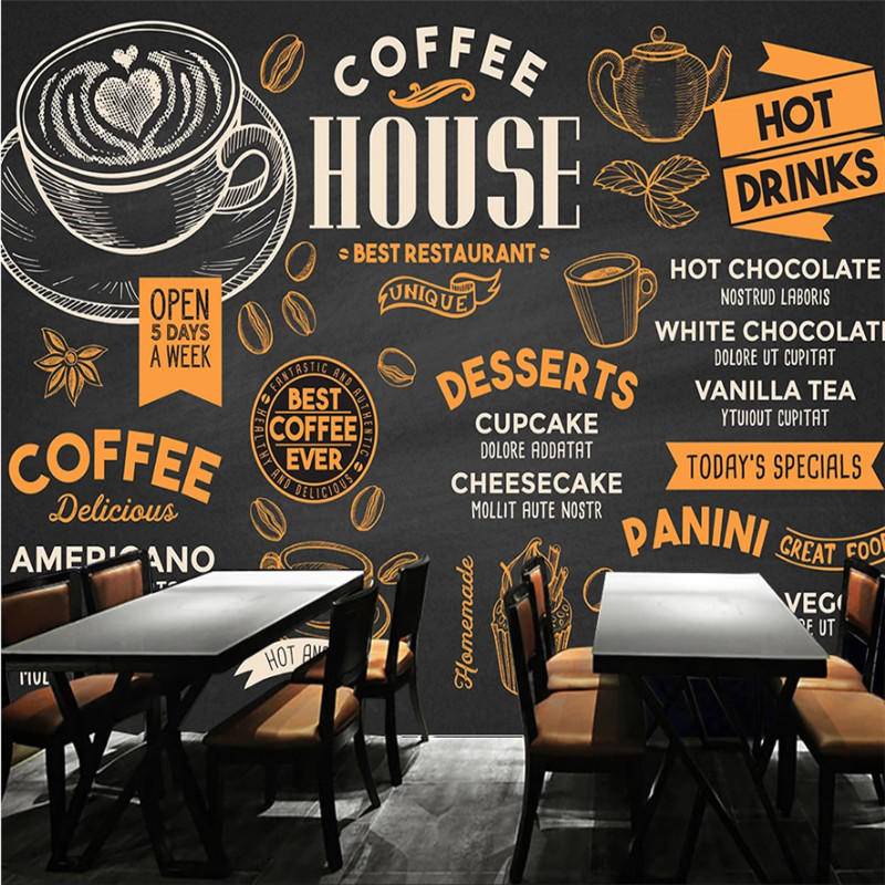 Hand Painted Coffee Theme Black Background Mural Wallpaper 3D Coffee ...