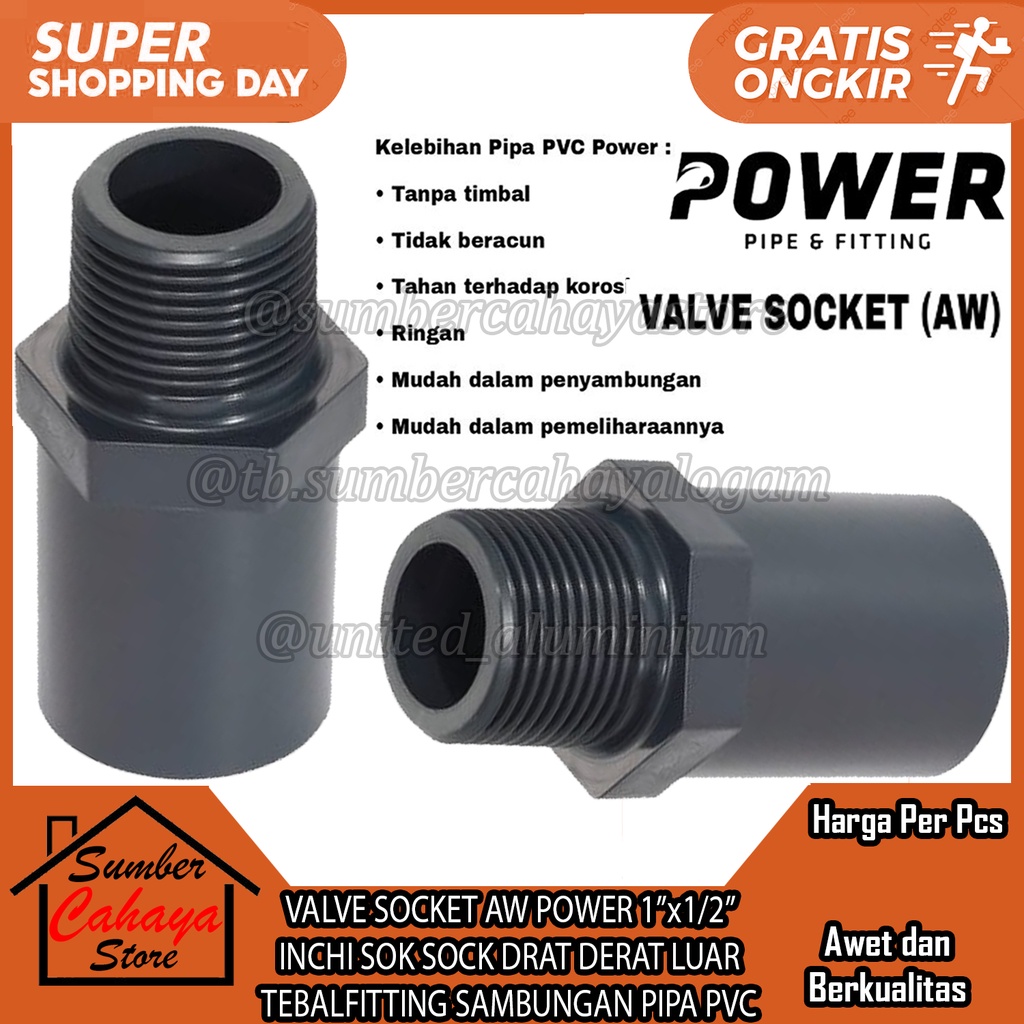 VALVE SOCKET AW POWER 1"x1/2" INCHI SOCKET SOCK THICK OUTER DRAT ...