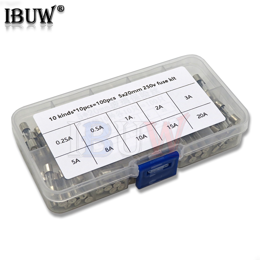 100Pcs/lot 5x20mm Quick Blow Glass Tube Fuse Assorted Kit Fast Blow Glass Fuses 250V 0.25A/0.5A ...