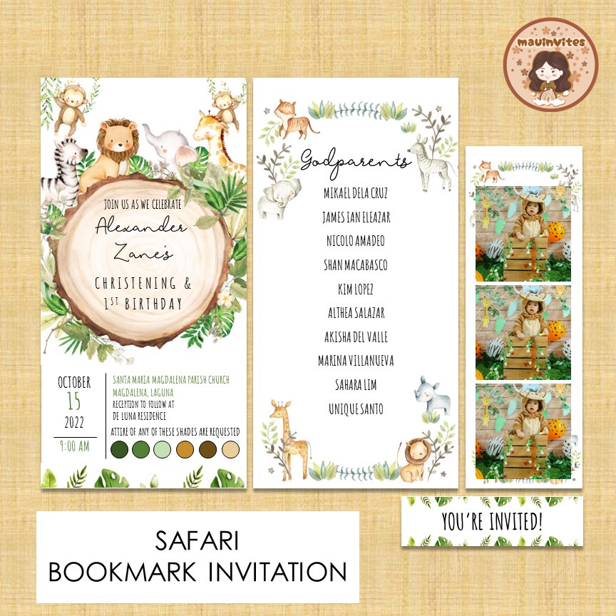SAFARI/JUNGLE THEME BOOKMARK INVITATION • BIRTHDAY / CHRISTENING ...