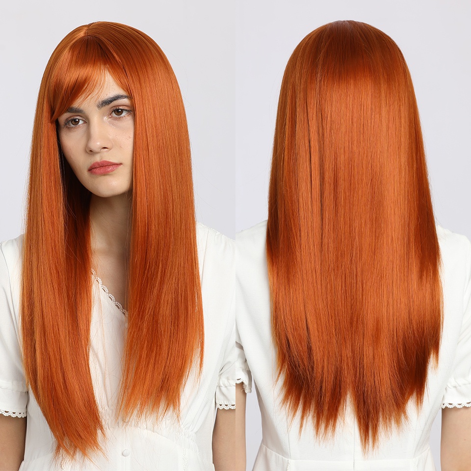 Synthetic Long Straight Wigs with Bangs Orange Red Lolita Wigs for ...
