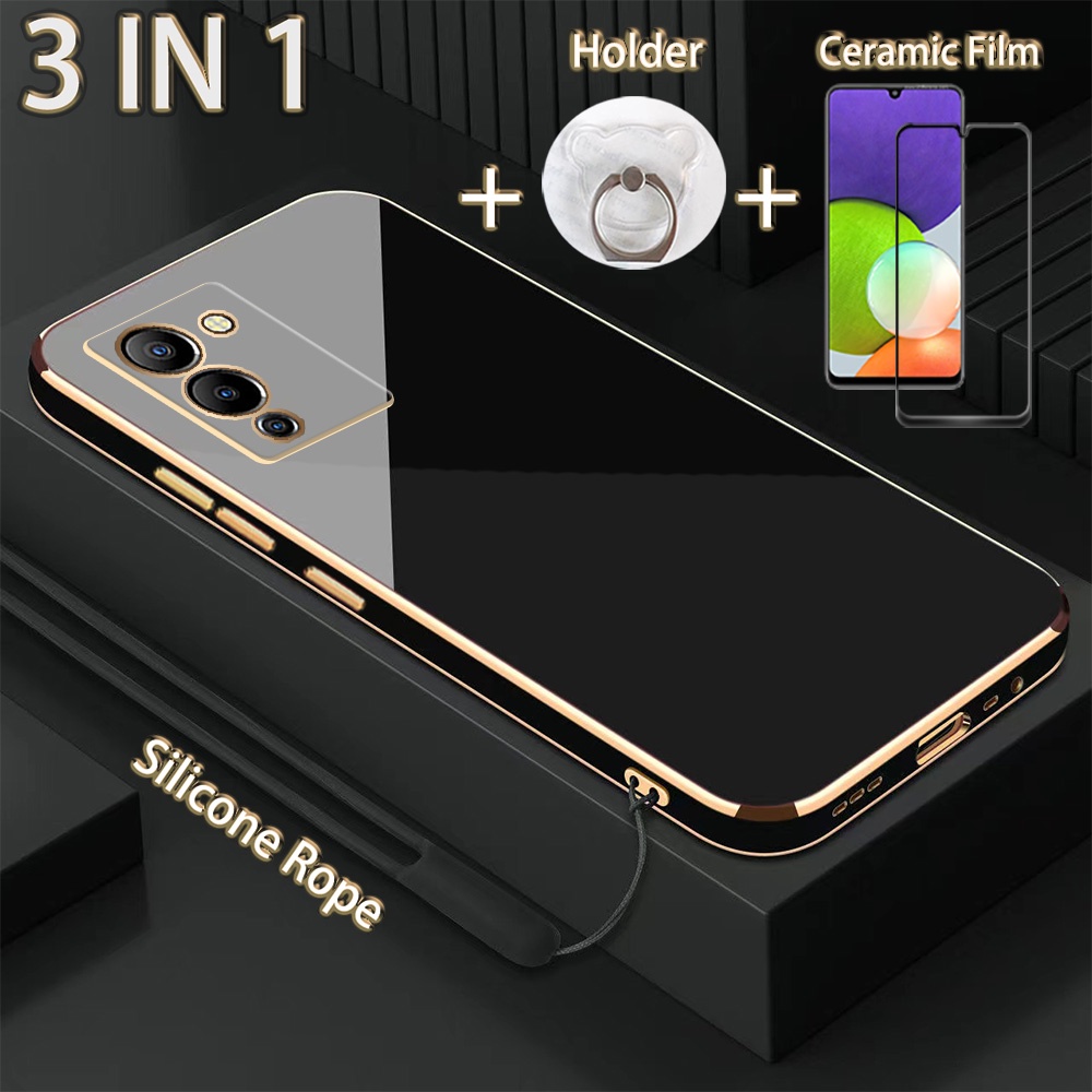 3 In 1 For Infinix Note 12 G96 Straight Edge Electroplated Case with Tempered Ceramic Screen ...