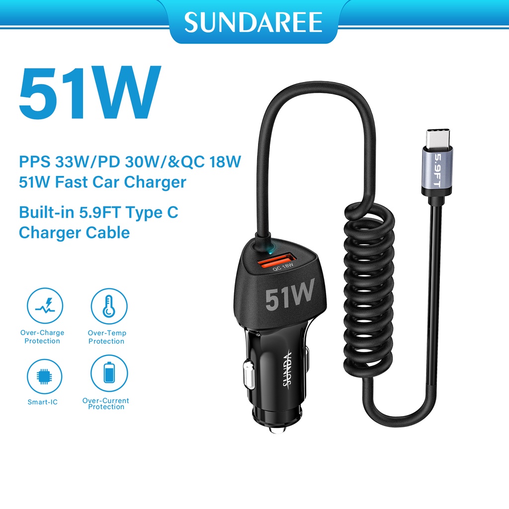 USB C Fast Car Charger 51W Dual Ports, Built-in 5.9FT Type C Phone ...