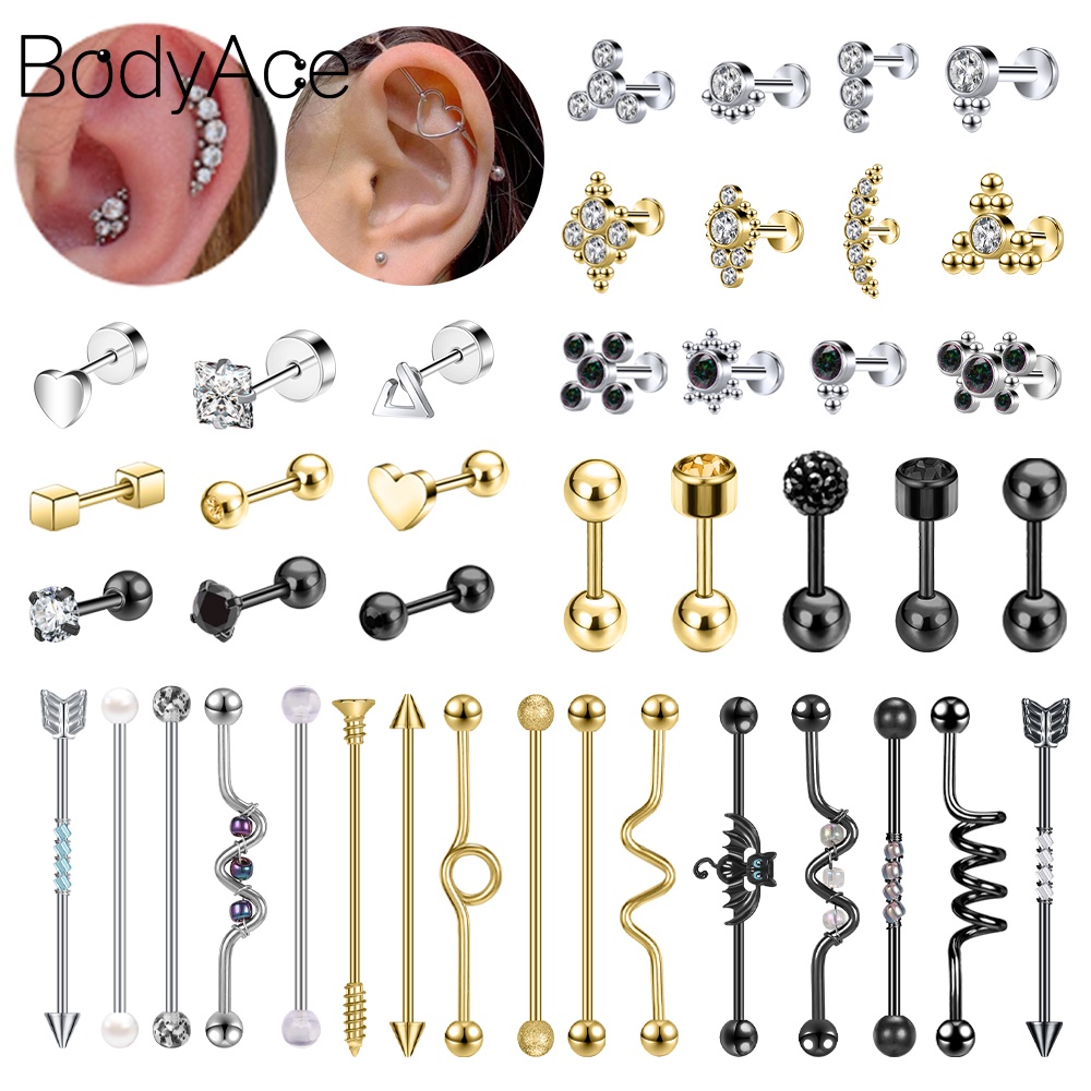 Bodyace 3 Pcs Industrial Stud Earrings Stainless Steel Lip Labret ...