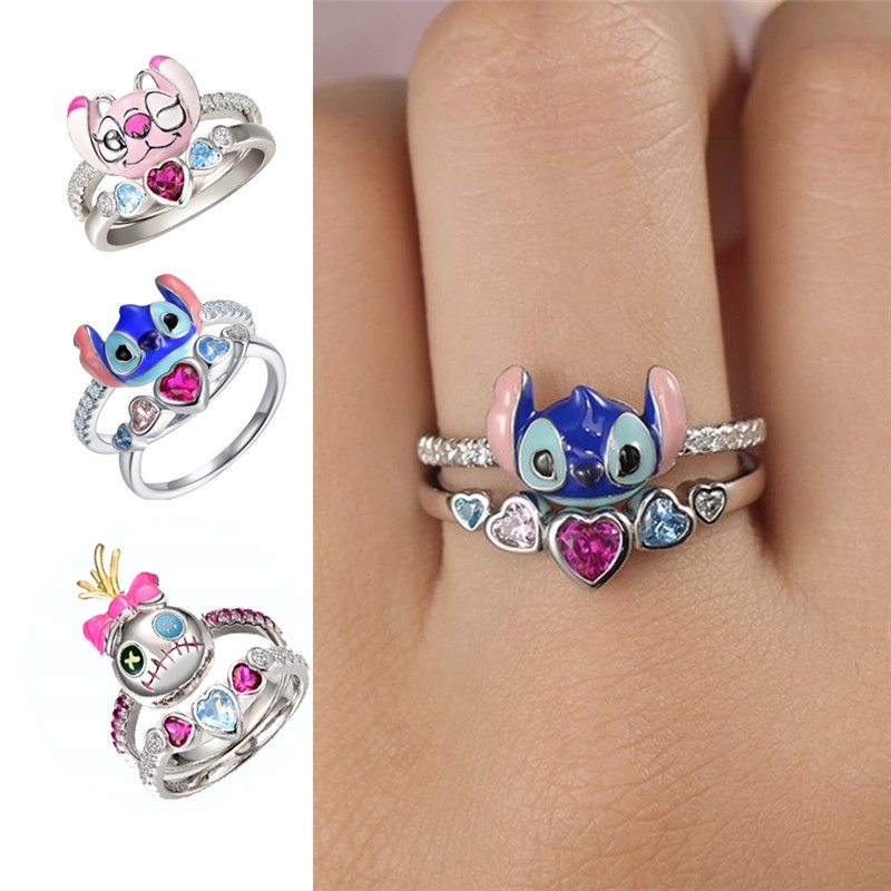 Cartoon Lilo Stitch Ring Stitch and Angel Couple Rings Diamond Double ...