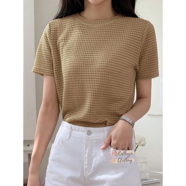 Kathryn Waffle Knit Round Neck Basic Tee 11323# | Shopee Philippines