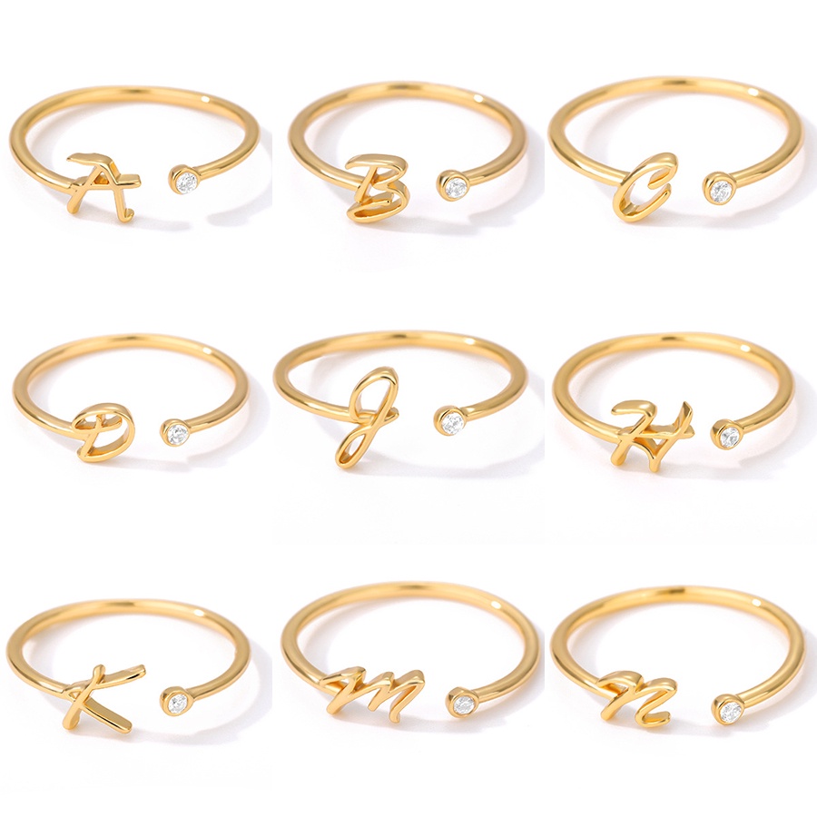 18K Gold 26 Initial Letter Gold Ring Fashion Zircon Opening Adjustable ...