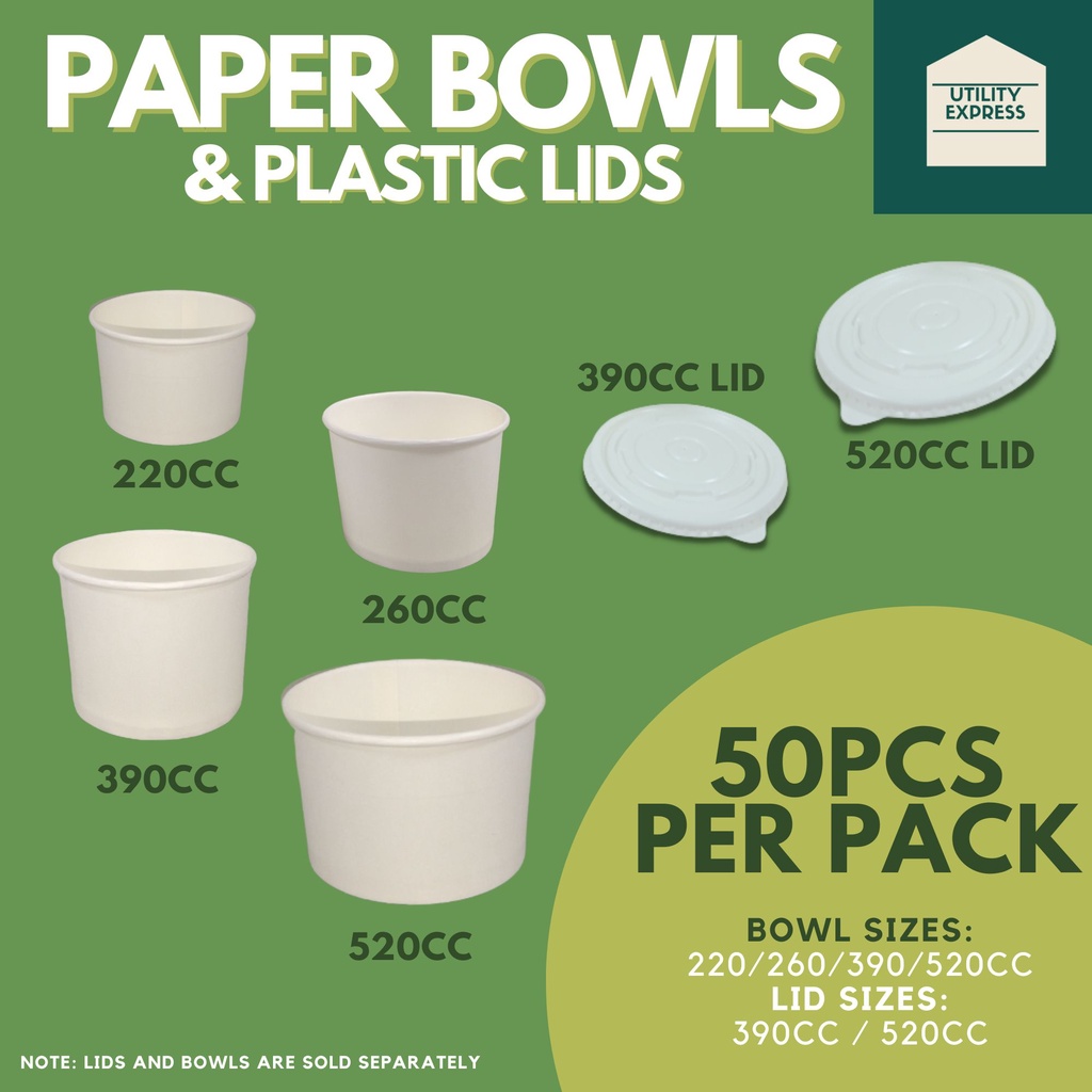 Paper Bowl Plain White & Plastic Lid [50pcs] 220cc/260cc/390cc/520cc ...