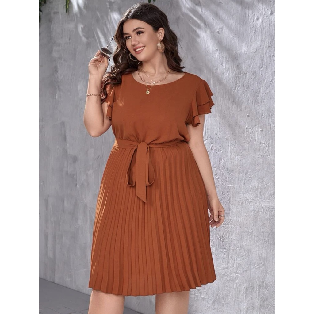 Miss Muse Pleated Hem Ruffle Sleeve Self Belt Plus Size Dress A3011 ...