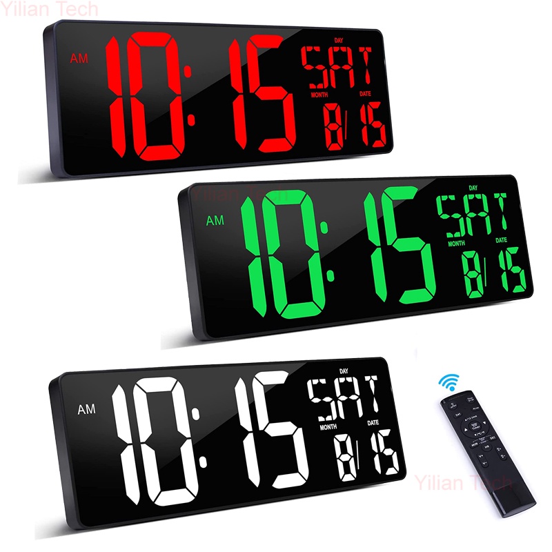 Digital Wall Clock Large Display LED Remote Control Wall Clock with Date Temperature Count Up ...