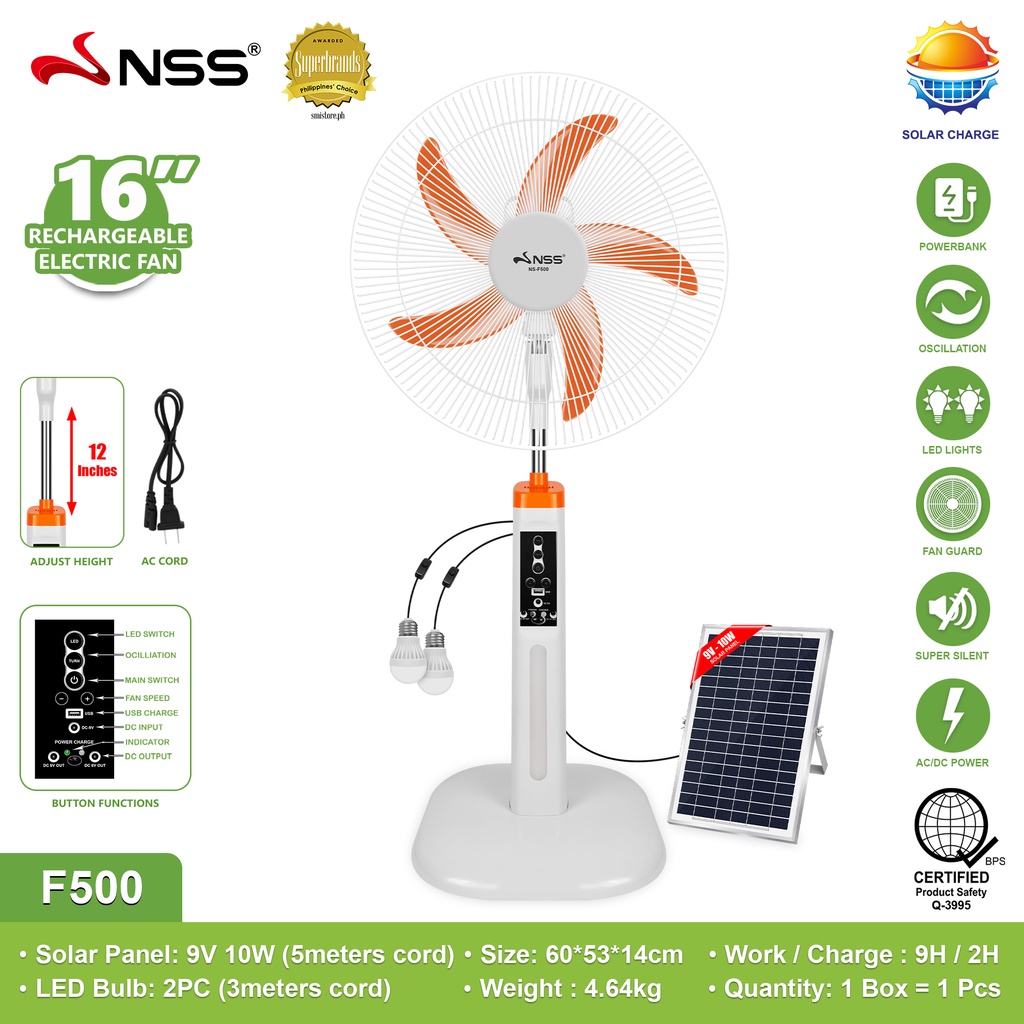 NSS 16 inch Solar fan Rechargeable Fan with Solar Panel with LED Light ...