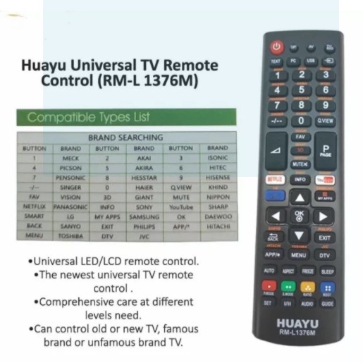 UNIVERSAL Pensonic RM-L1376M LED/LCD/ TV REMOTE CONTROLLER (HUAYU) RM-L1376M can work with ...
