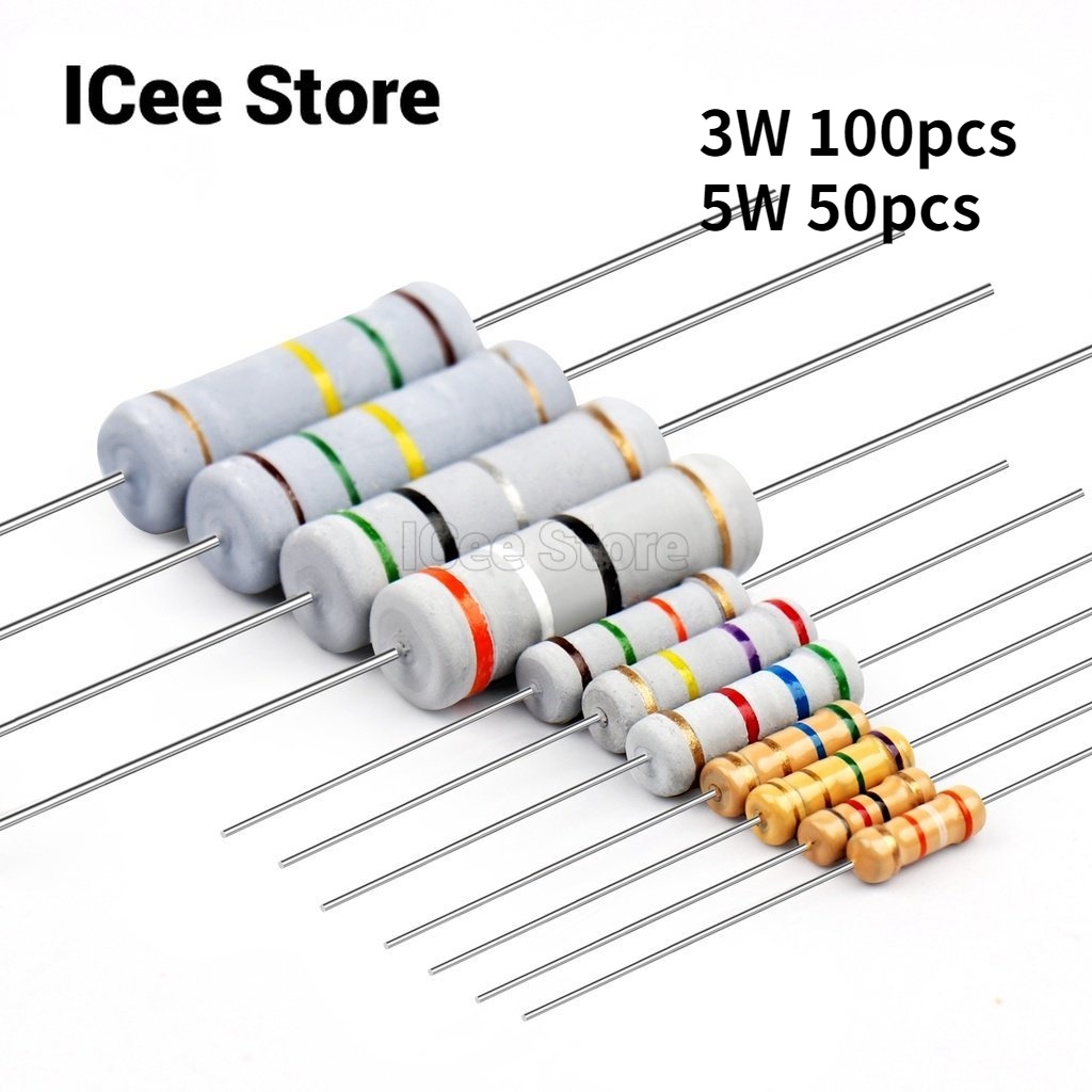100Pcs Carbon Film Resistor 3W 5W 5% 1R-1M 1R 10R 22R 47R 51R 100R 1K ...