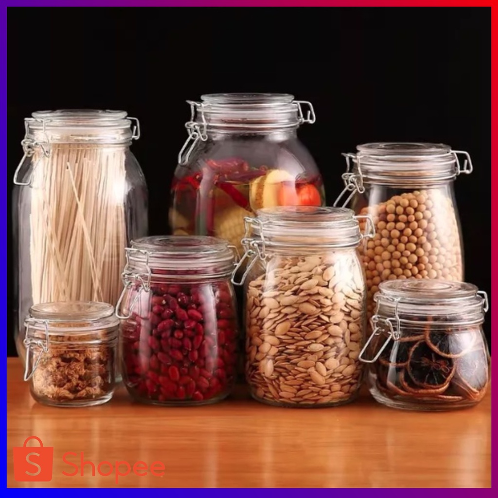 Airtight Glass Storage Jars with Clip Lid Top Clear Canister Food ...