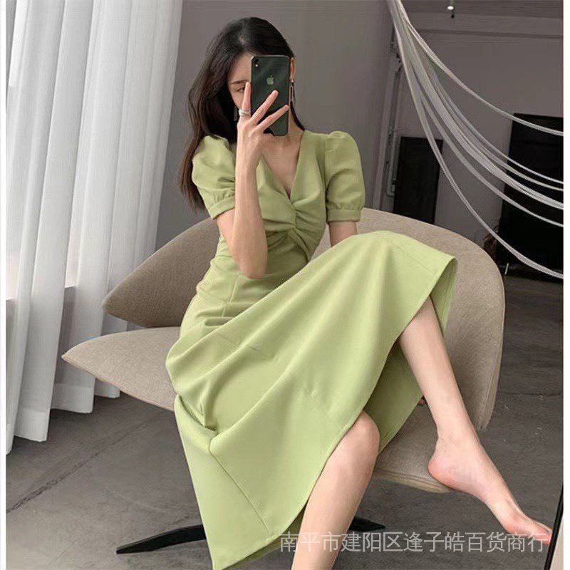Avocado Green Dress Summer 2022 New V-Neck High Waist Elegant Midi ...