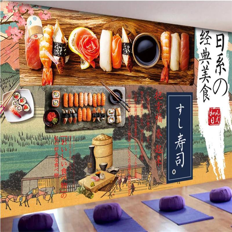 Custom Japanese Classic Gourmet Sushi Retro Background Mural Wallpaper ...