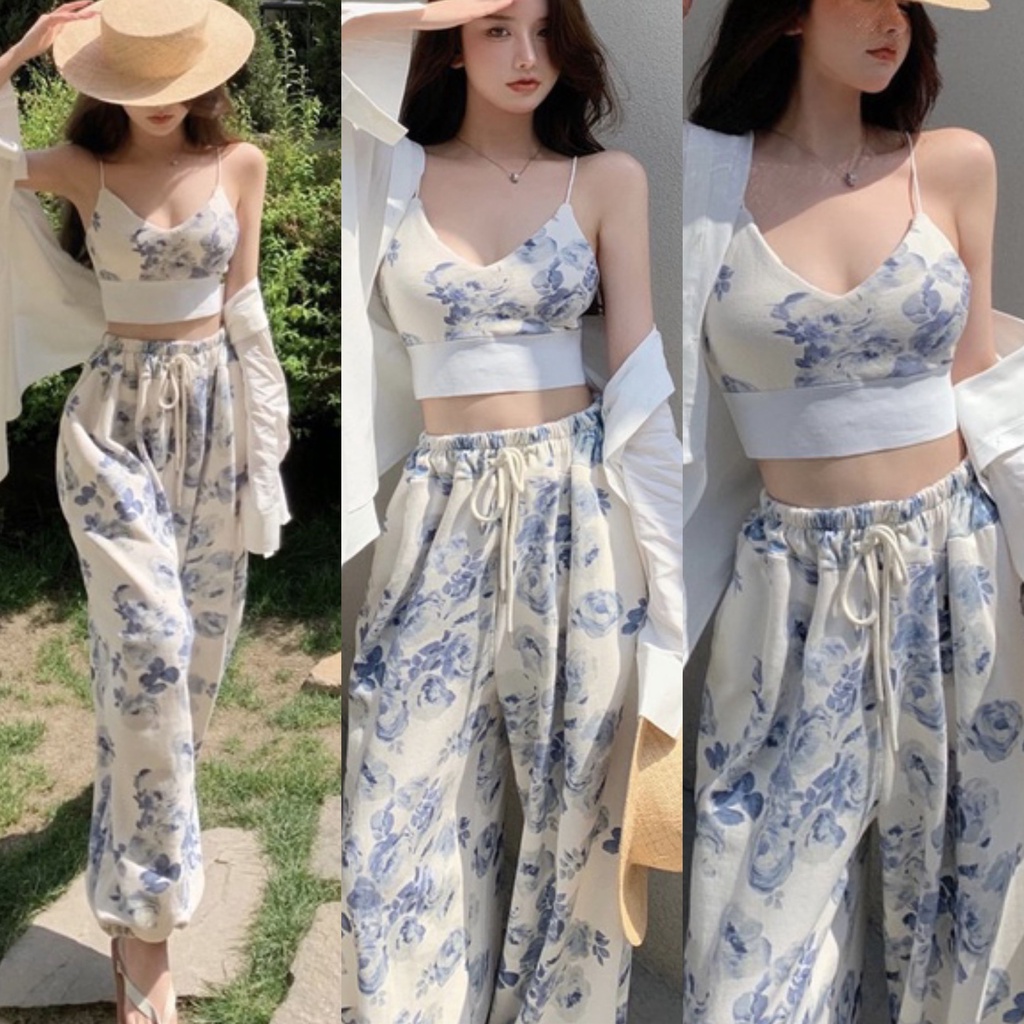 Fashionable Floral Printed Cami Crop Top and Garterize Pants Terno ...