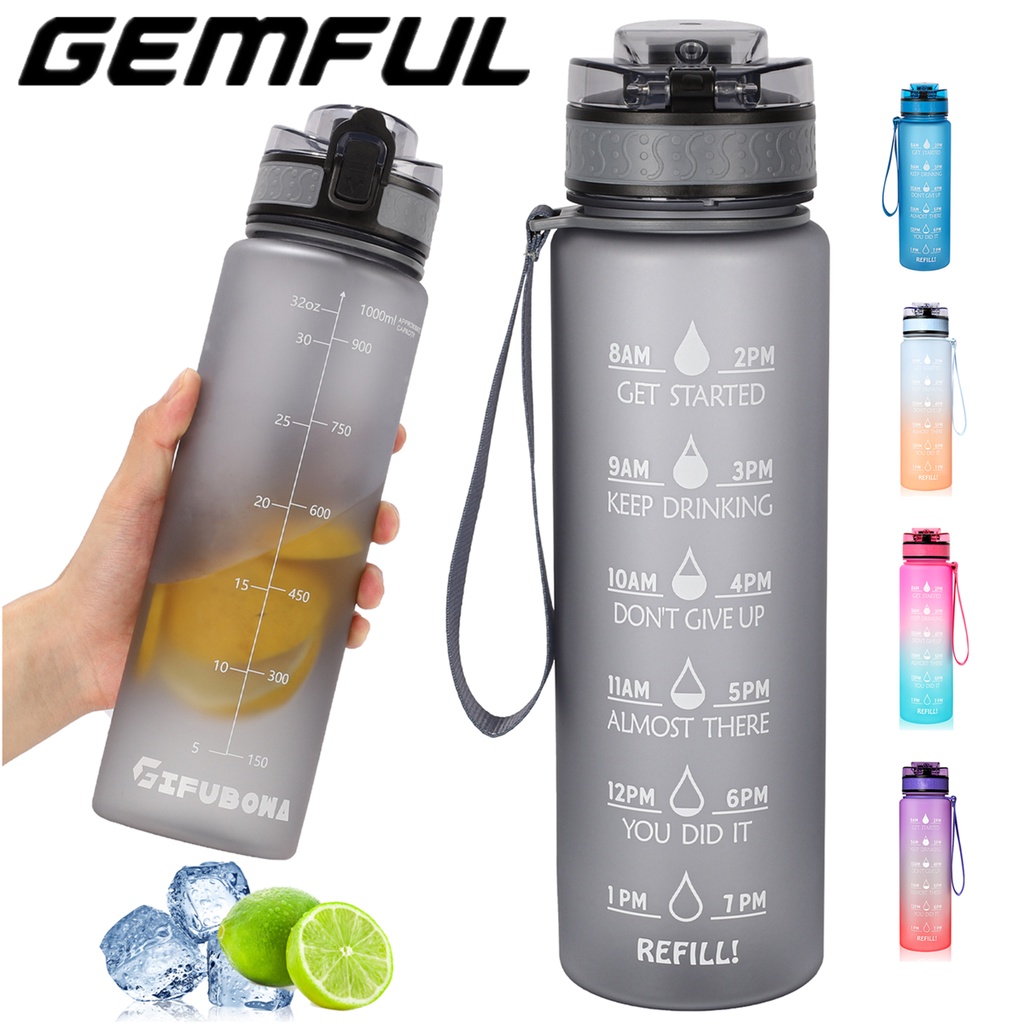 Gemful 1L Water Bottle with Straw Time Marker Tritan BPA Free for Sports And Outdoor Gym ...