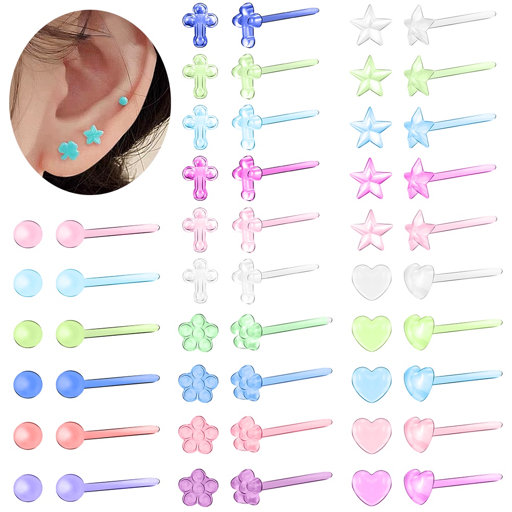 10-48Pcs Color Anti-allergy Plastic Ear Pins Transparent Invisible Stud ...