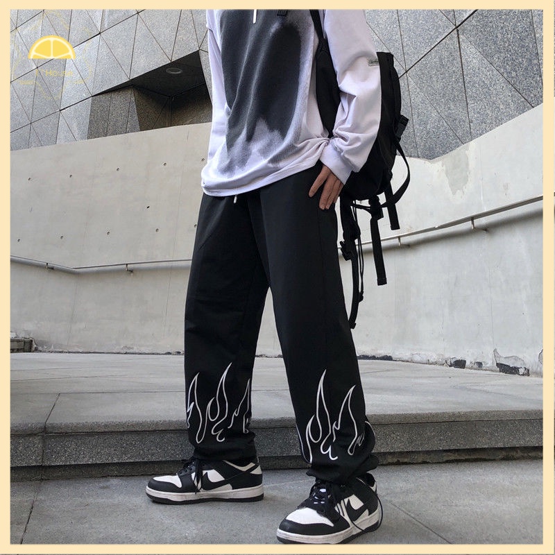【COD & Ready Stock】 Harajuku Flame Print Straight Cut Pants For Men And ...