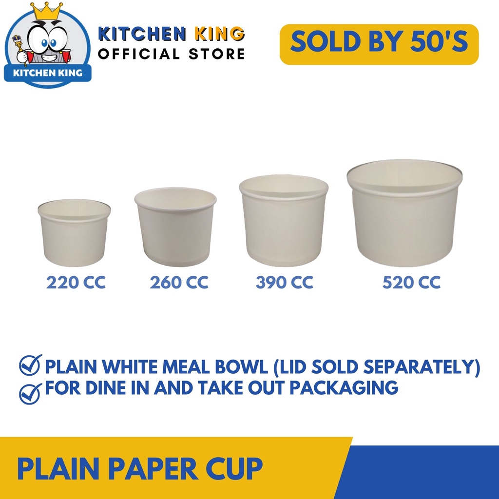 Plain Paper Bowl White & Plastic Lid 50pcs 220cc/260cc/390cc/520cc Disposable / Soup Snack Bowl ...