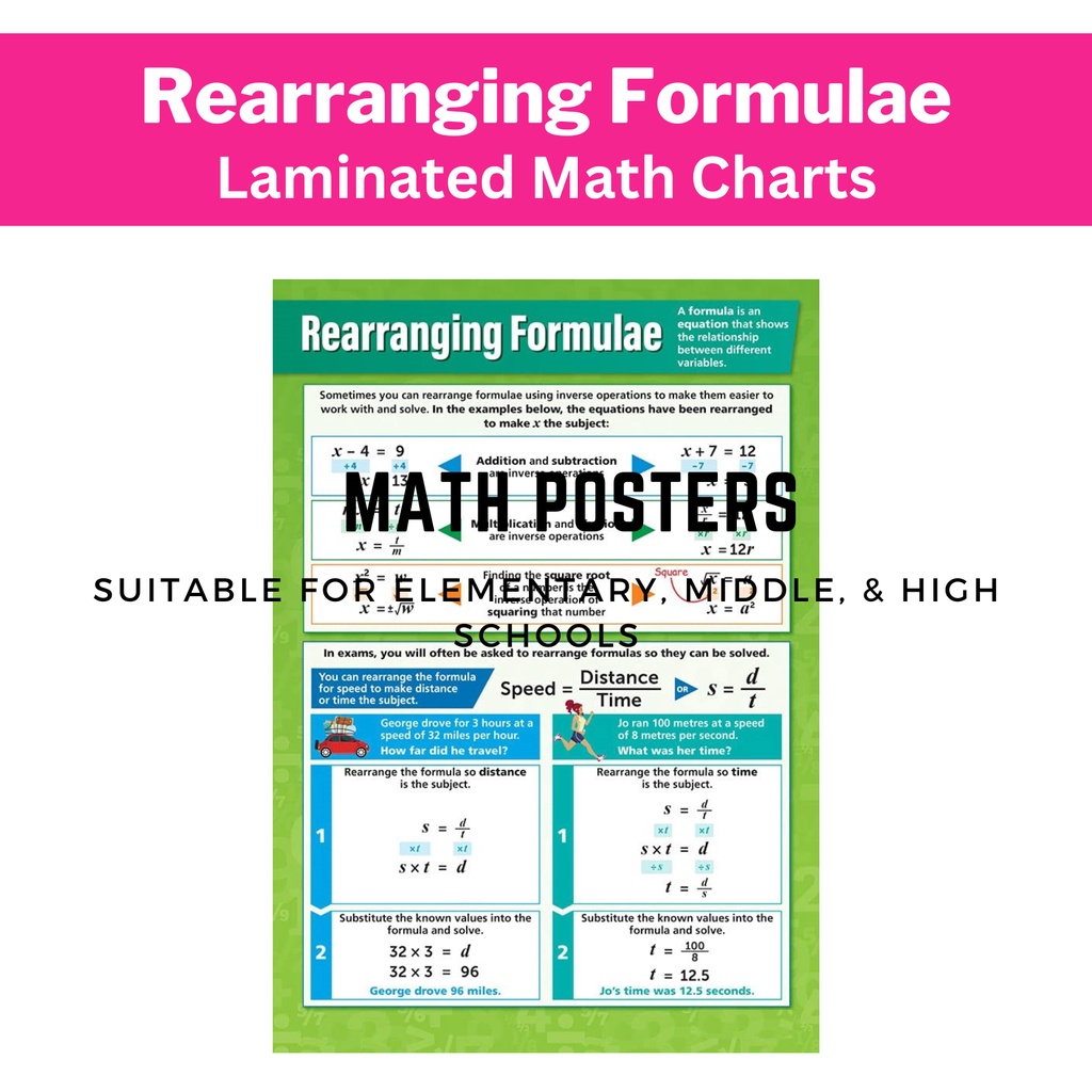 REARRANGING FORMULAE POSTERS CHARTS, BASIC MATH, A4 SIZE LAMINATED FOR ...