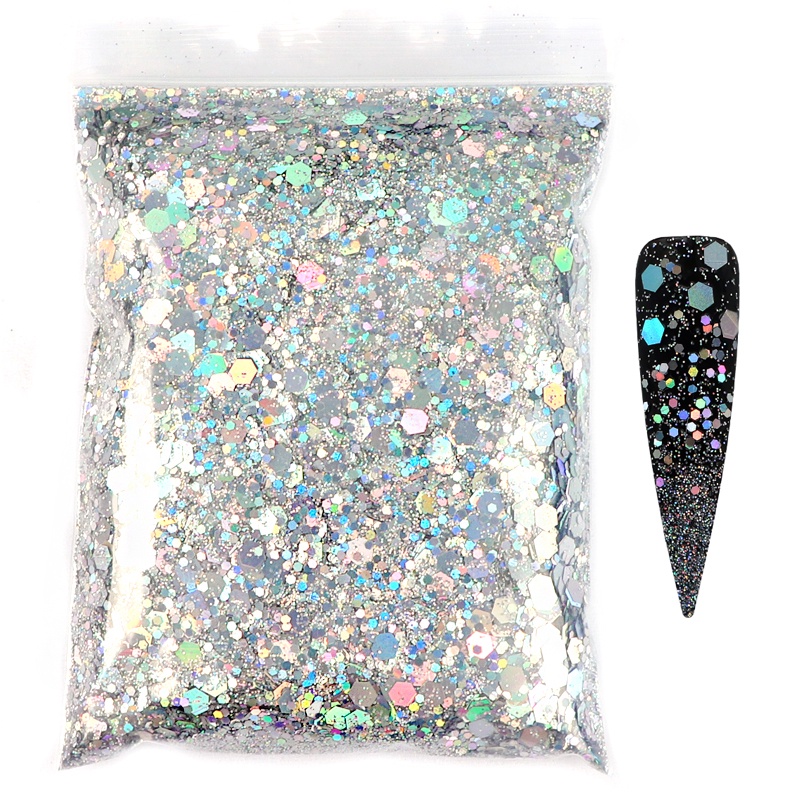 50G Holographic Mixed Hexagon Shape Chunky Nail Glitter Silver Sequins ...