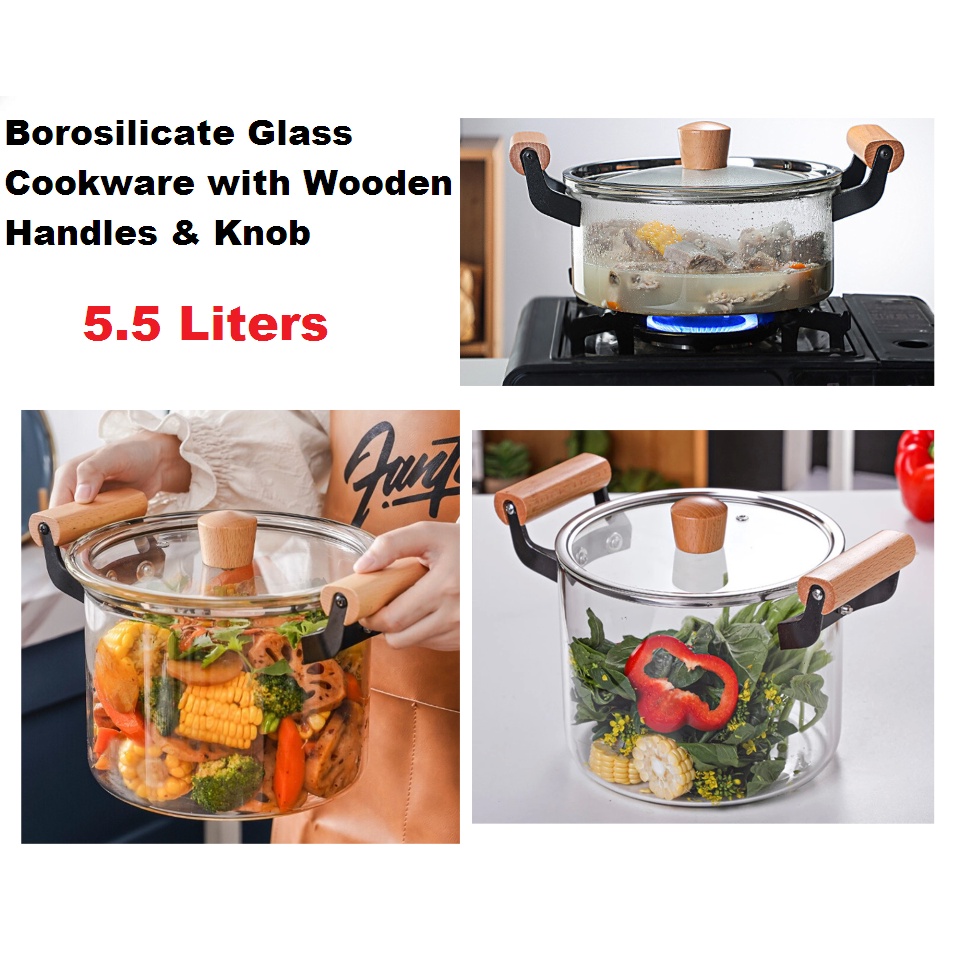 Borosilicate Glass 5.5 Liters Cookware with Wooden Handles & Knob ...