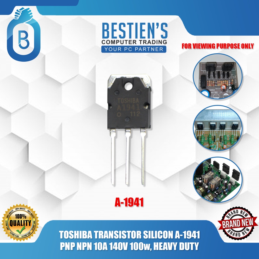 TOSHIBA TRANSISTOR SILICON A-1941, PNP NPN 10A 140V 100w, HEAVY DUTY ...