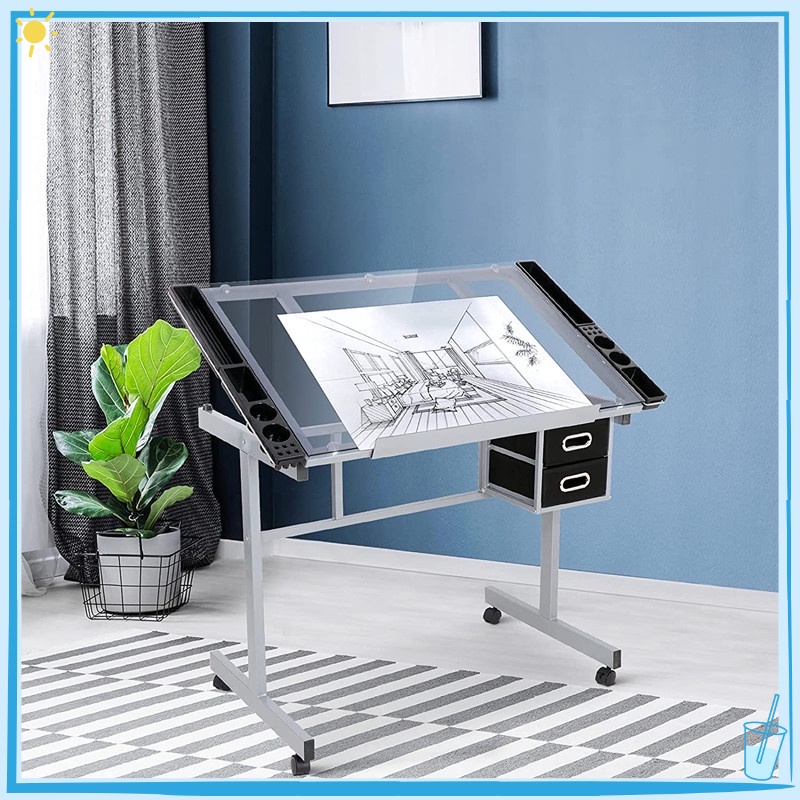 [1year warranty] White drawing table drafting table with drawers and ...