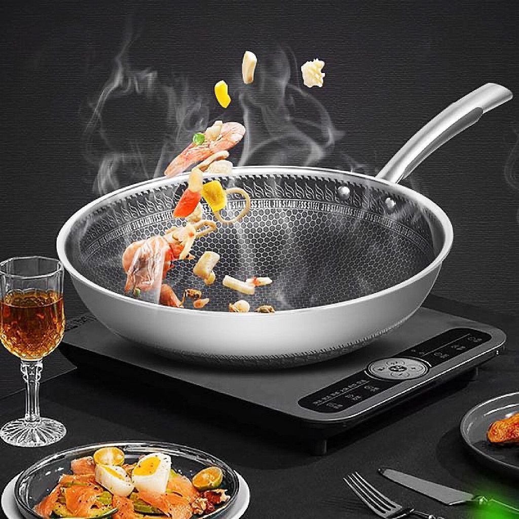 Non Stick Pan Wok Pan Non Stick With Cover Honeycomb Stainless Steel Wok Frying Pan Induction ...