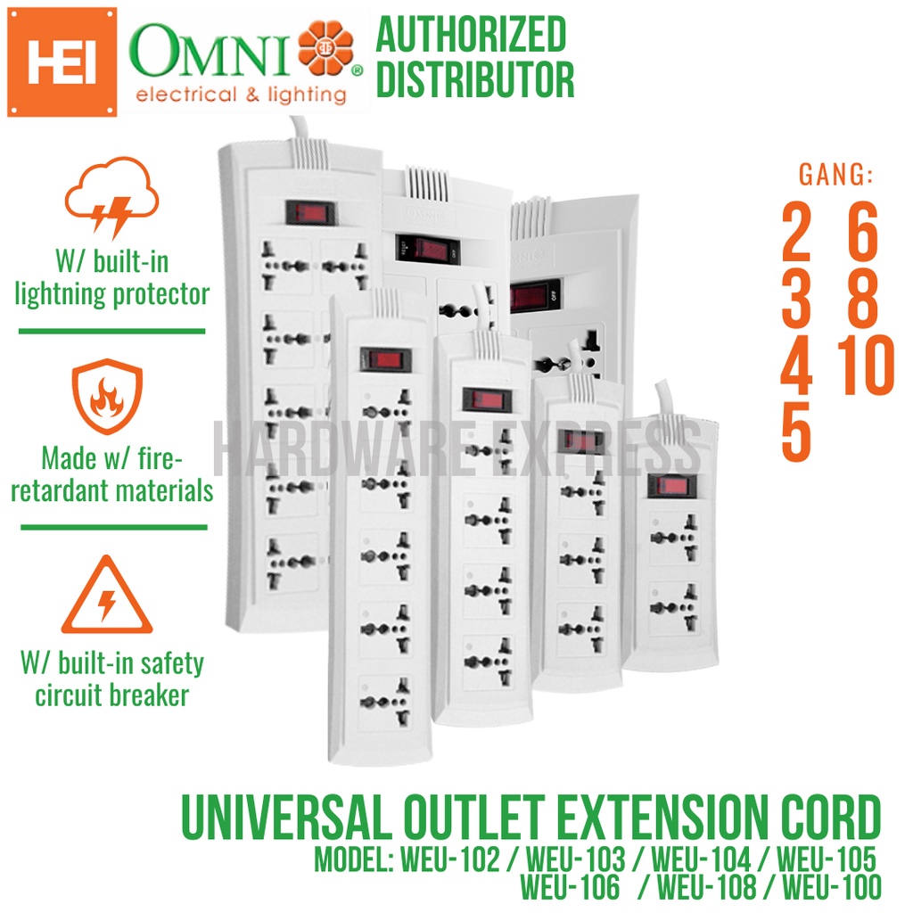 OMNI Universal Outlet Extension Cord w/ Switch WEU 2, 3, 4, 5, 6, 8, 10 ...