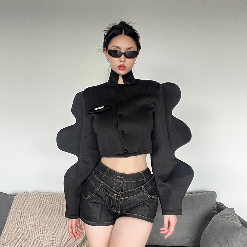 Kliou Fashion Hyperbole Long Puff Sleeve High-neck Button-Up Blazers ...