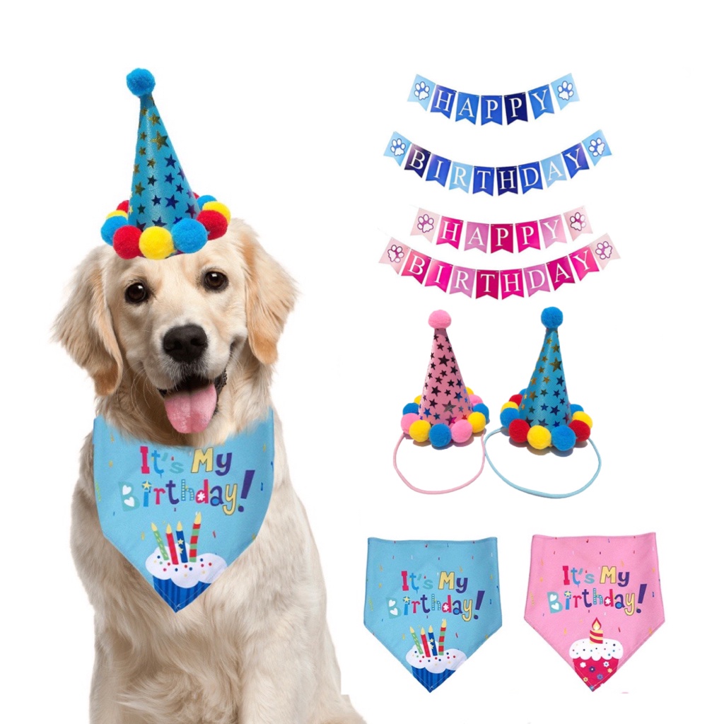Pet Birthday Decoration Cat Dog Hat Bibs Birthday Banner Dog Scarf ...