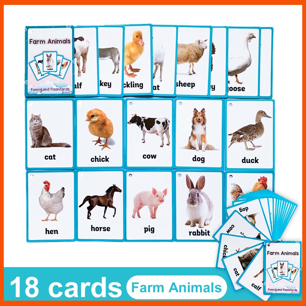 18Pcs/Set Farm Animals Children English Word Flashcard Cognitive ...