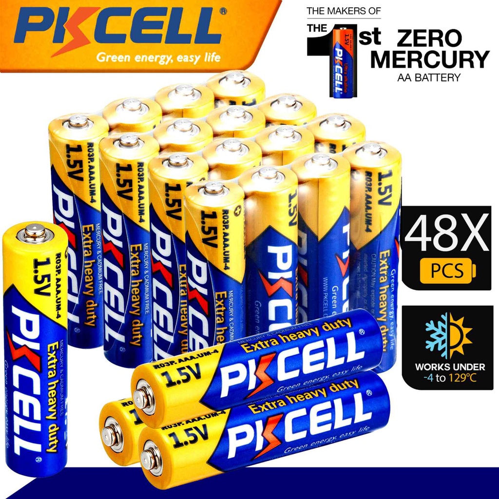 PKCELL 48pcs 1.5V Battery AAA (R03P) Carbon Zinc Single Use Battery UM ...