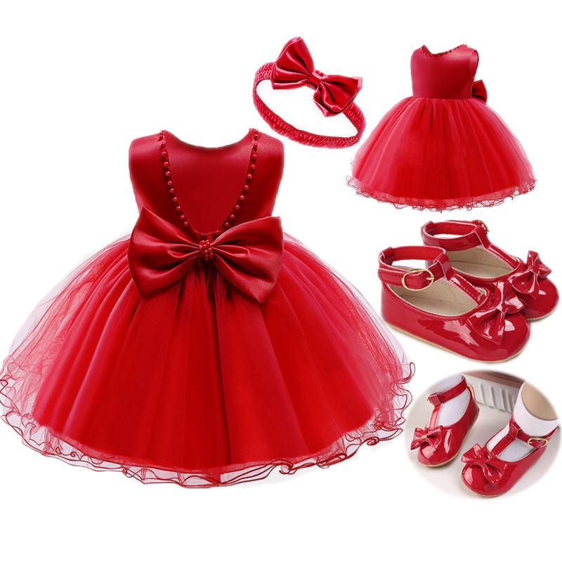 Red Baby Dress for Birthday 1 Year Old with Bowknot Headband Green ...