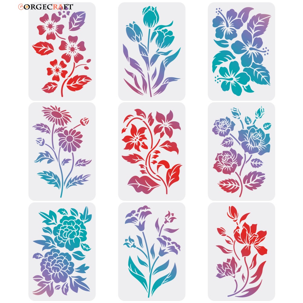 1Set 9pcs Flower Stencils for Painting 29.7x21cm Flower & Leaves ...