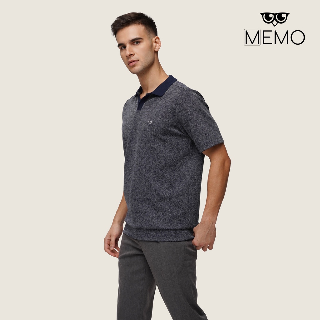 Memo Textured Open Collar Polo With Hem Band For Men (Navy Blue ...
