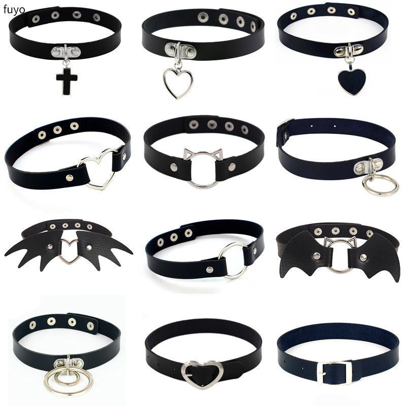 Gothic Collar For Girls Leather Choker Necklace goth Heart Cat Wing ...