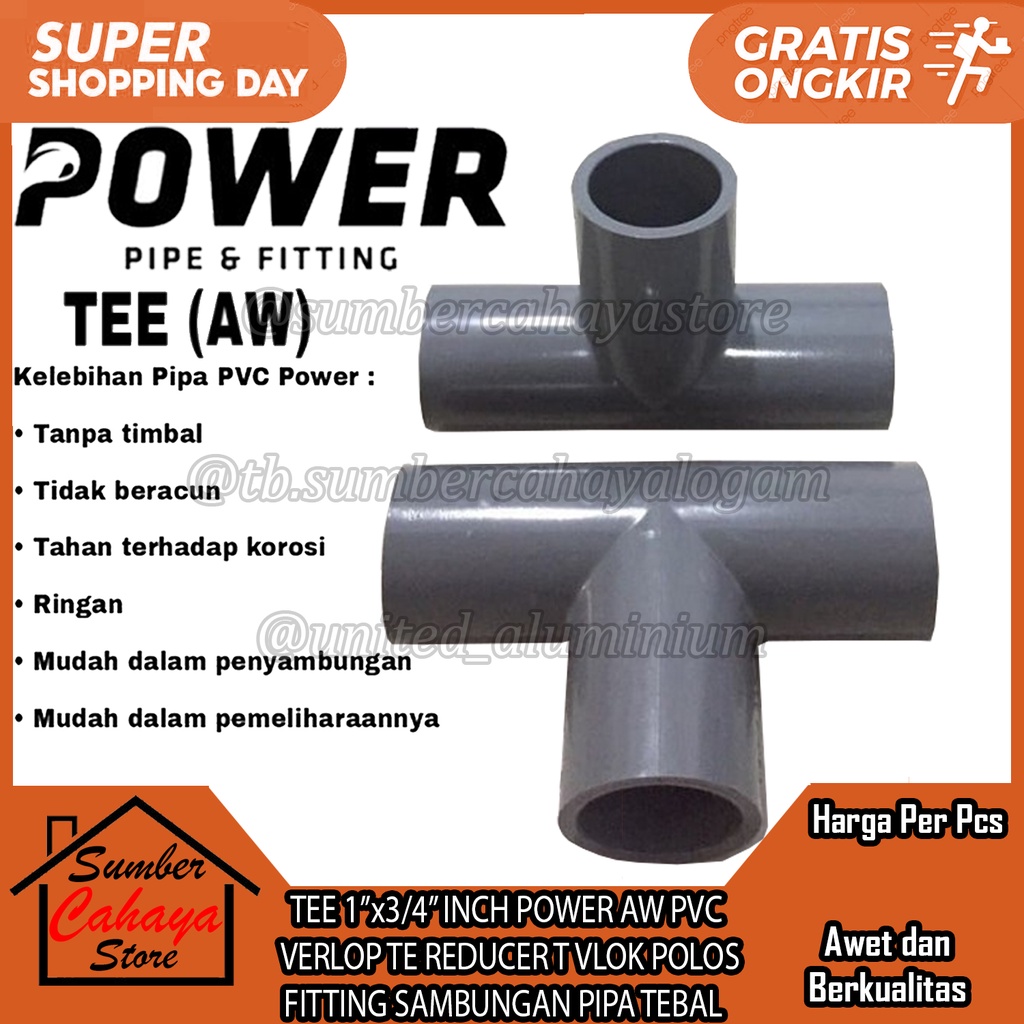 TEE 1"x3/4" INCH POWER AW PVC VERLOP TE REDUCER VLOK PLAIN FITTING ...
