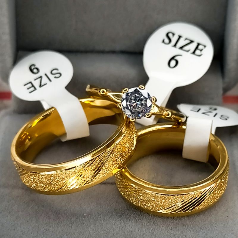 18K GOLD STEEL 3IN1) WEDDING RING SET WITH ENGRAVED NON TARNISH ...