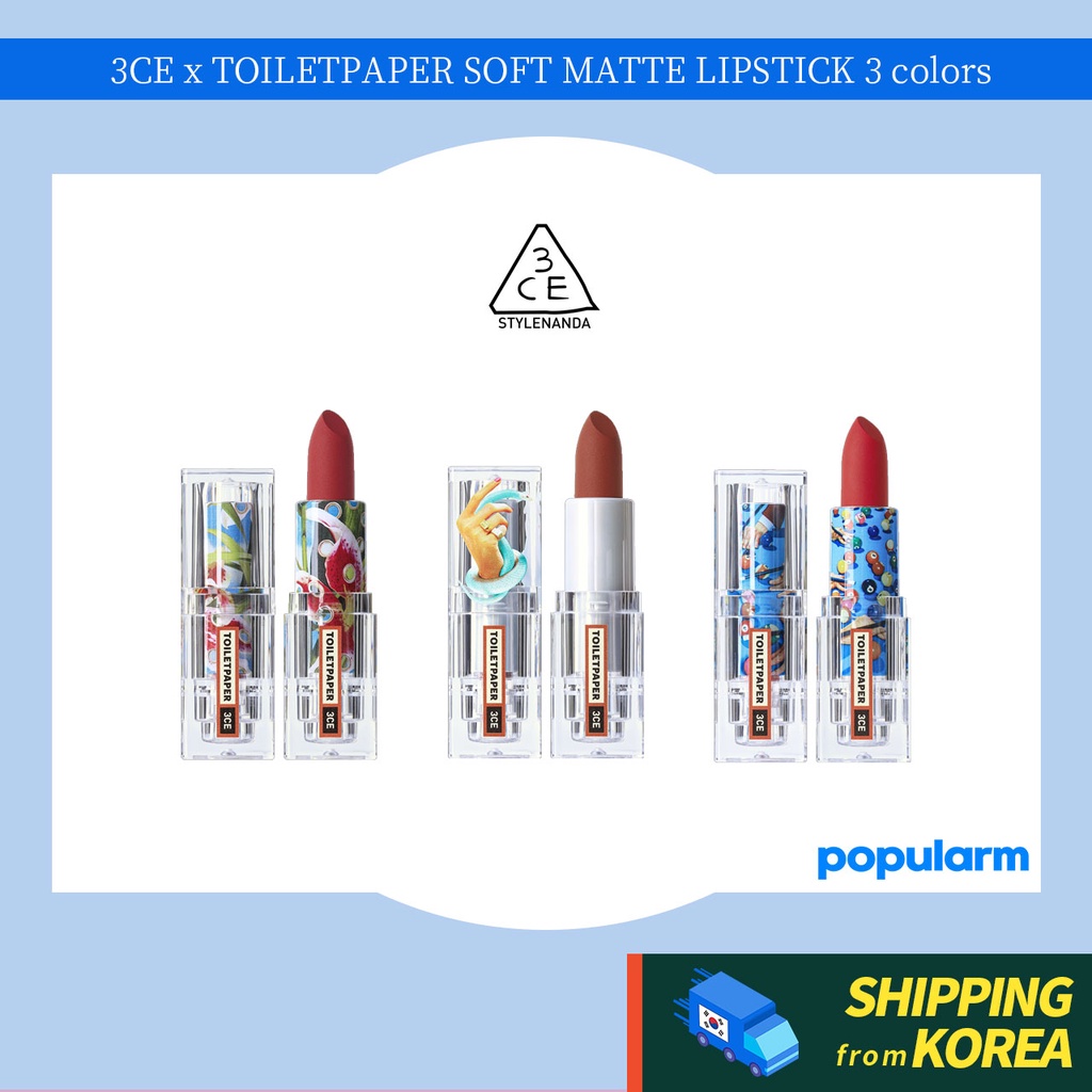 3CE x TOILETPAPER SOFT MATTE LIPSTICK 3 colors COLD SPACE AZURE PINK ...