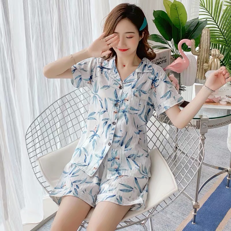 Women's Silk Floral Print Sleepwear Terno Set Vneck And Collar Style ...