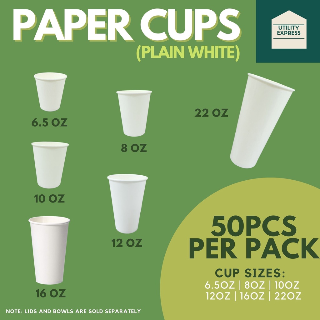 Paper Cup Plain White Party Cups [50pcs] 6 5oz 8oz 10oz 12oz 16oz