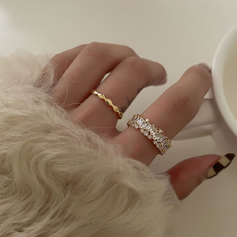 Fashion Exquisite Cubic Zirconia Open Ring Set Metal Wave Ring | Shopee ...