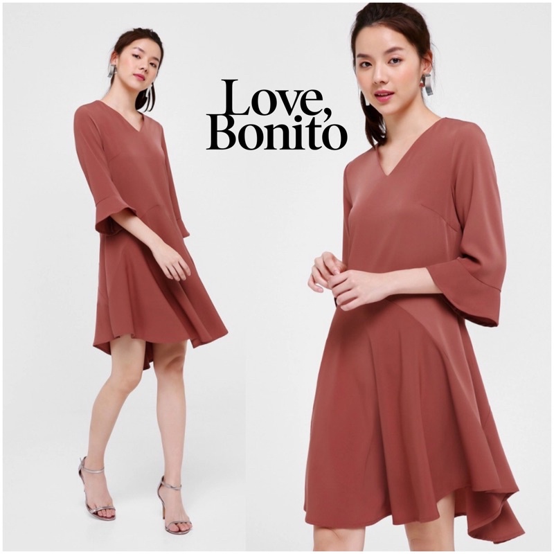 MERAH Love Bonito Salome Flare Hem Dress Pink Red Rose Half Sleeve ...
