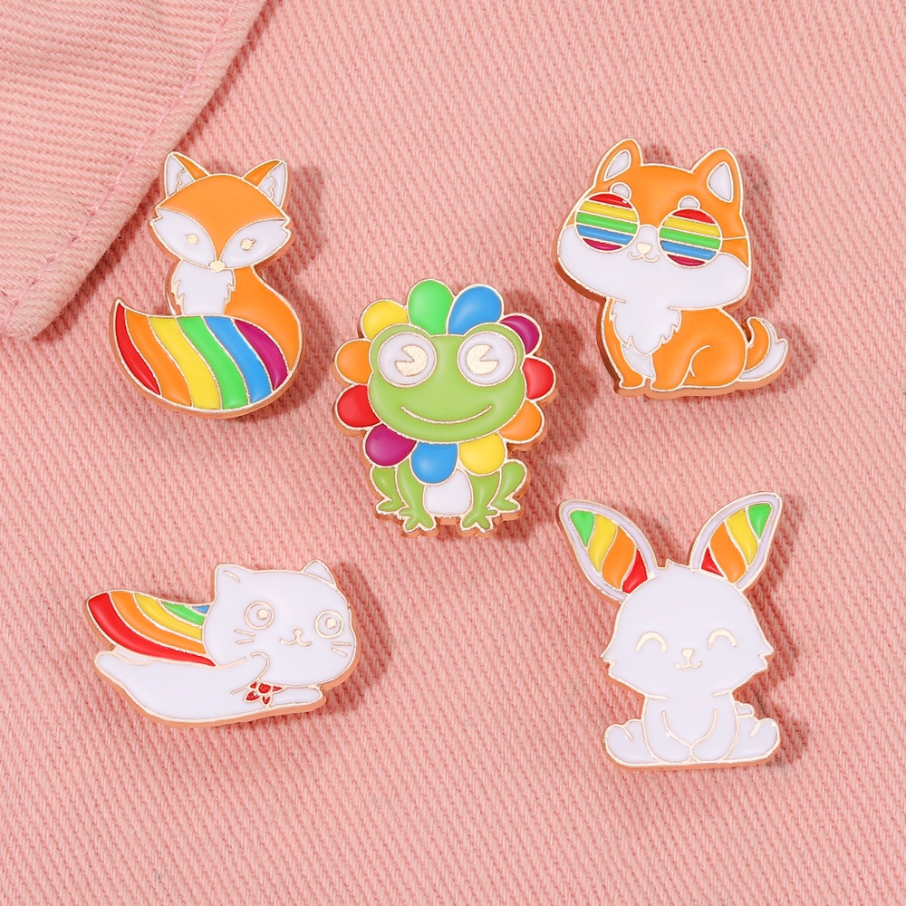 Cute Rainbow Animal Enamel Pin Cartoon Rabbit Frog Fox Brooch Badges ...